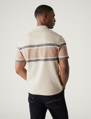 Pure Cotton Striped Double Knit Polo Shirt