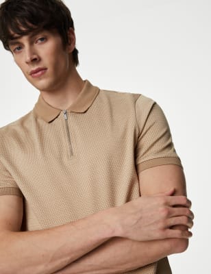 Pure Cotton Textured Half Zip Polo Shirt