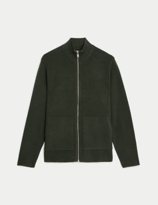 Cotton Blend Ribbed Zip Up Knitted Jacket