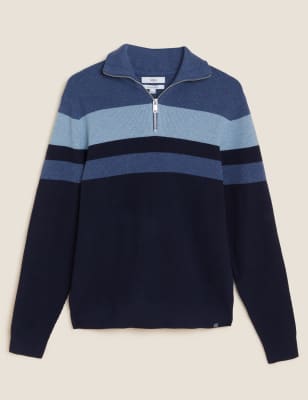 Cotton Blend Striped Half Zip Jumper