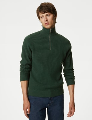 Cotton Blend Textured Half Zip Jumper