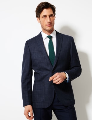 Navy Checked Tailored Fit Jacket