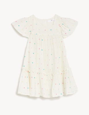 Pure Cotton Embroidered Spotted Dress