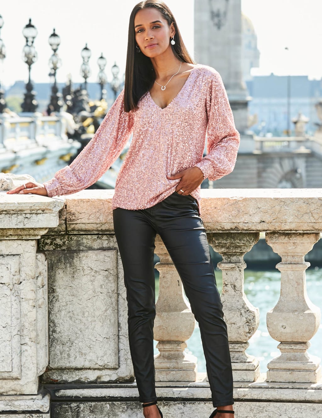 Sequin V-Neck Blouson Sleeve Top | SOSANDAR | M&S